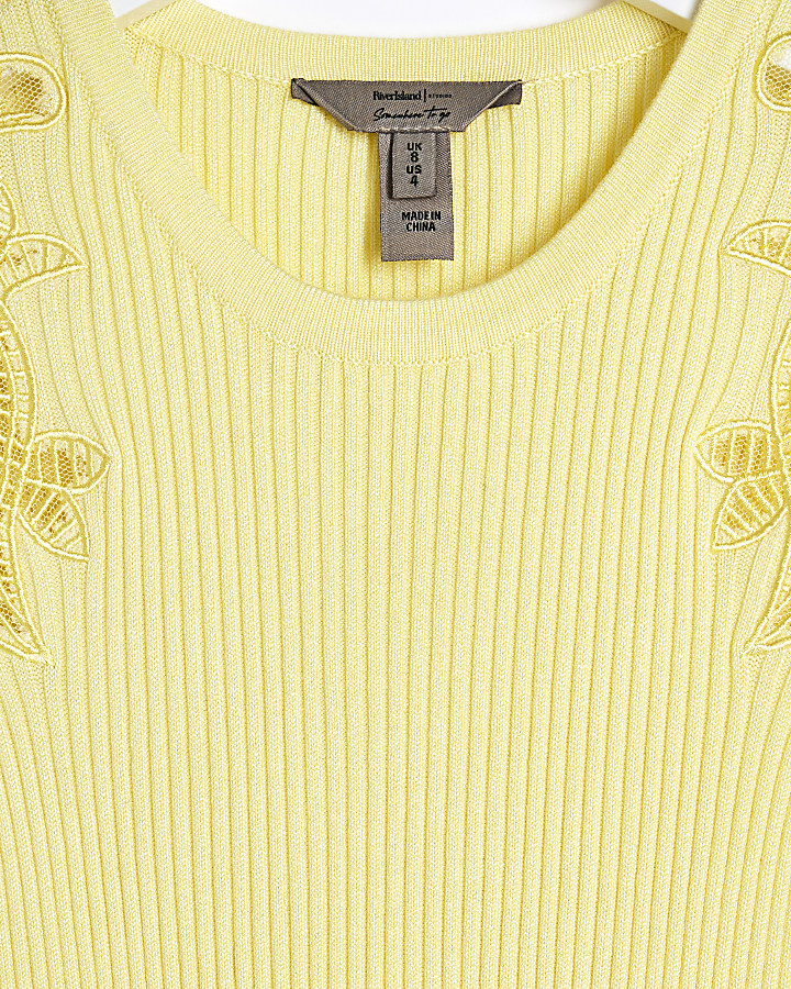 Yellow ribbed broderie bodycon midi dress | River Island