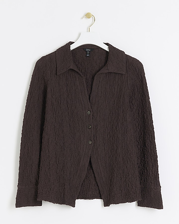 Brown textured long sleeve shirt | River Island