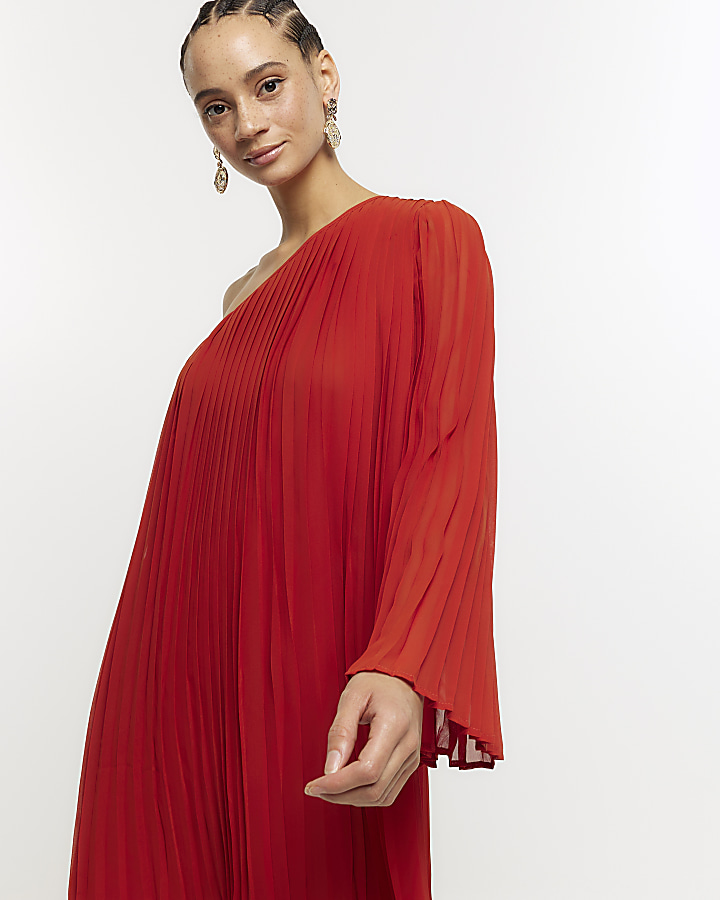Red plisse one shoulder shift mini dress | River Island