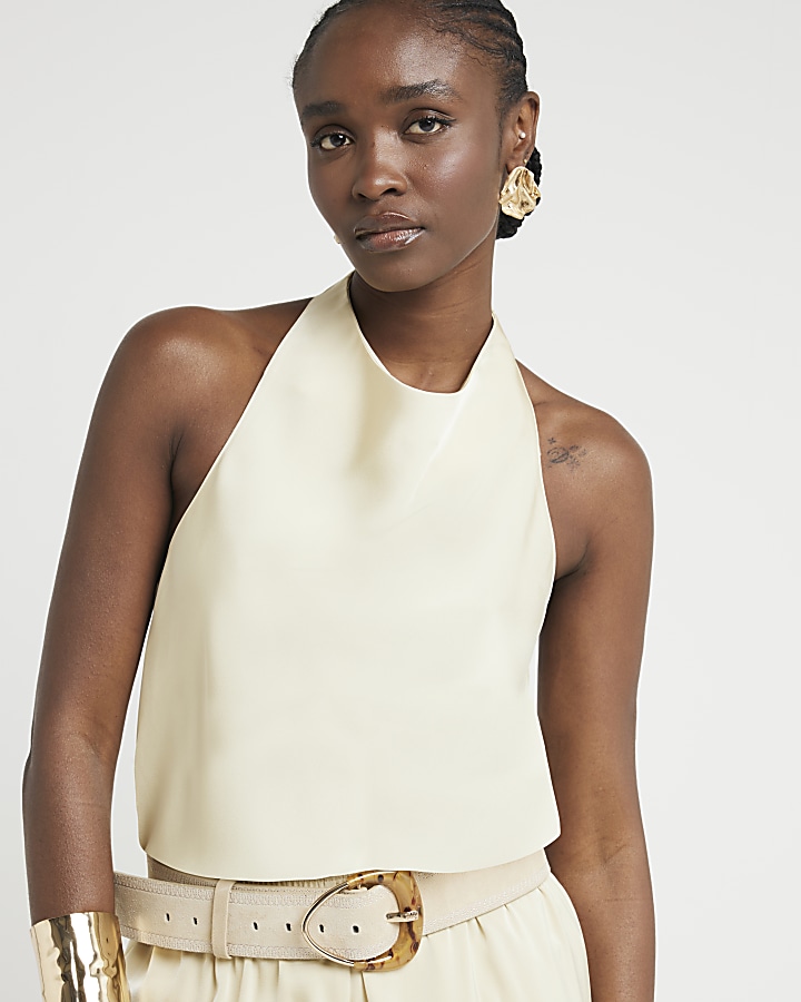 Beige satin halter neck top | River Island