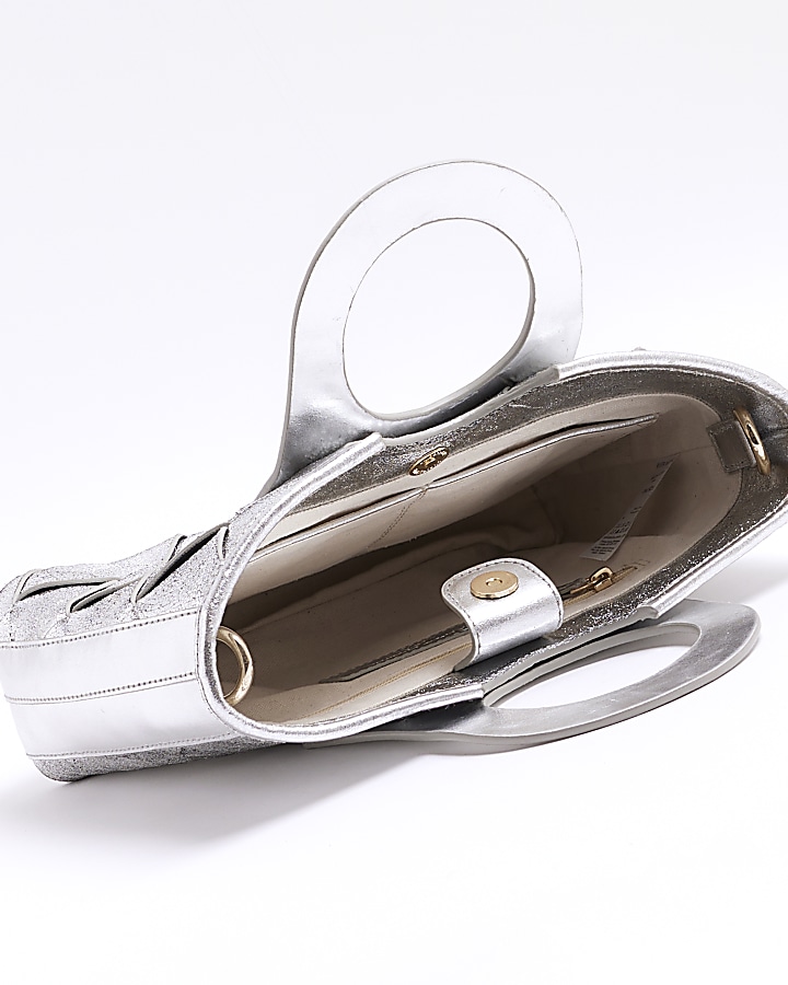 Silver leather weave circle handle tote bag | River Island