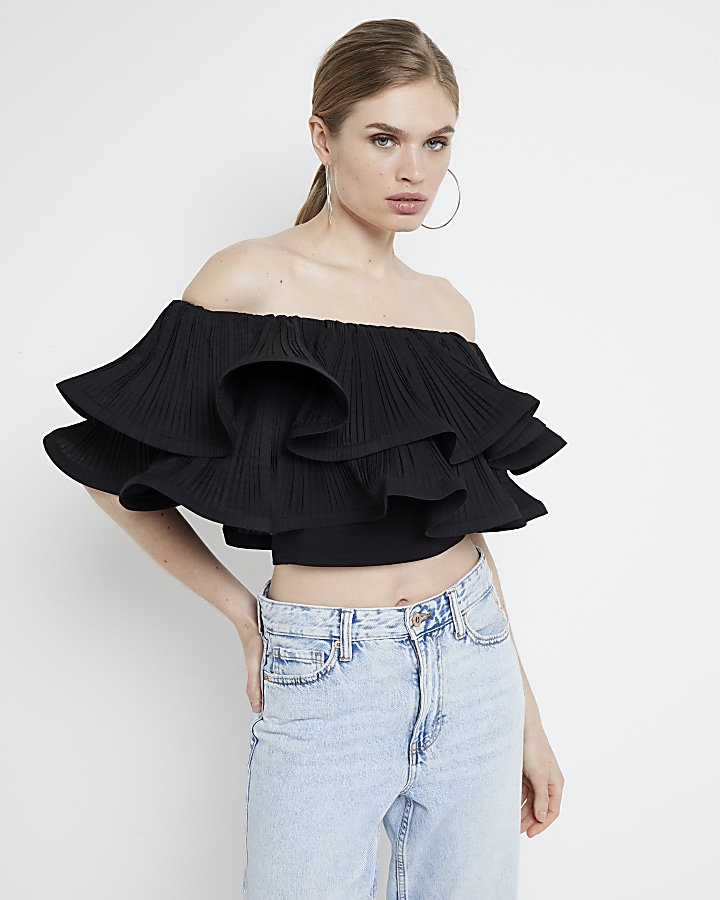 Black Plisse Frill Bardot Top River Island