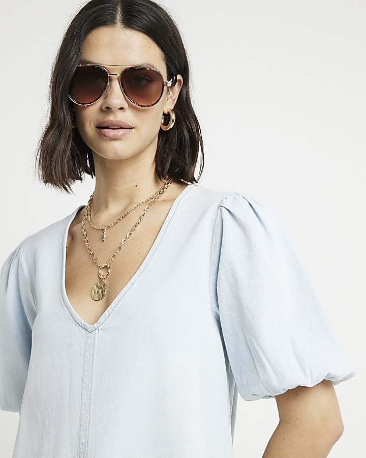 Blue denim puff sleeve smock mini dress | River Island