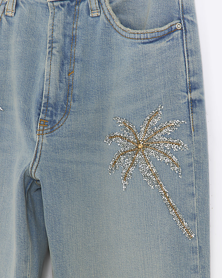 Blue slim straight fit embellished jeans | River Island