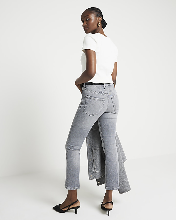 Grey high waisted cropped flare jeans | River Island