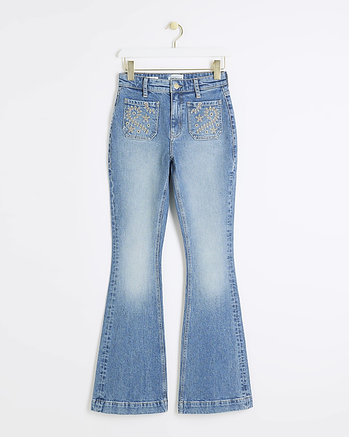 Blue high waisted embroidered flared jeans | River Island