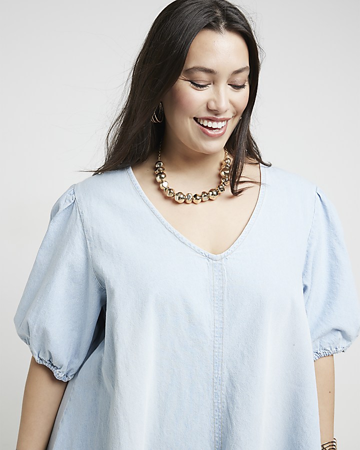 Plus blue denim puff sleeve shift mini dress | River Island