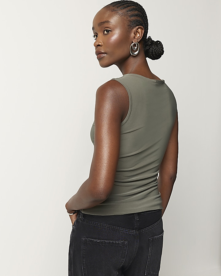 Khaki drape wrap top | River Island