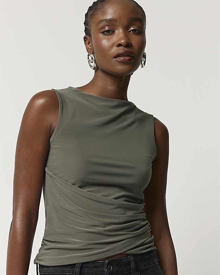 Khaki drape wrap top | River Island