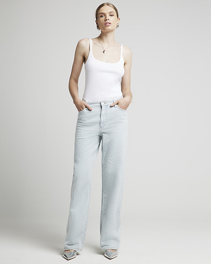 Blue relaxed straight textured jeans | River Island