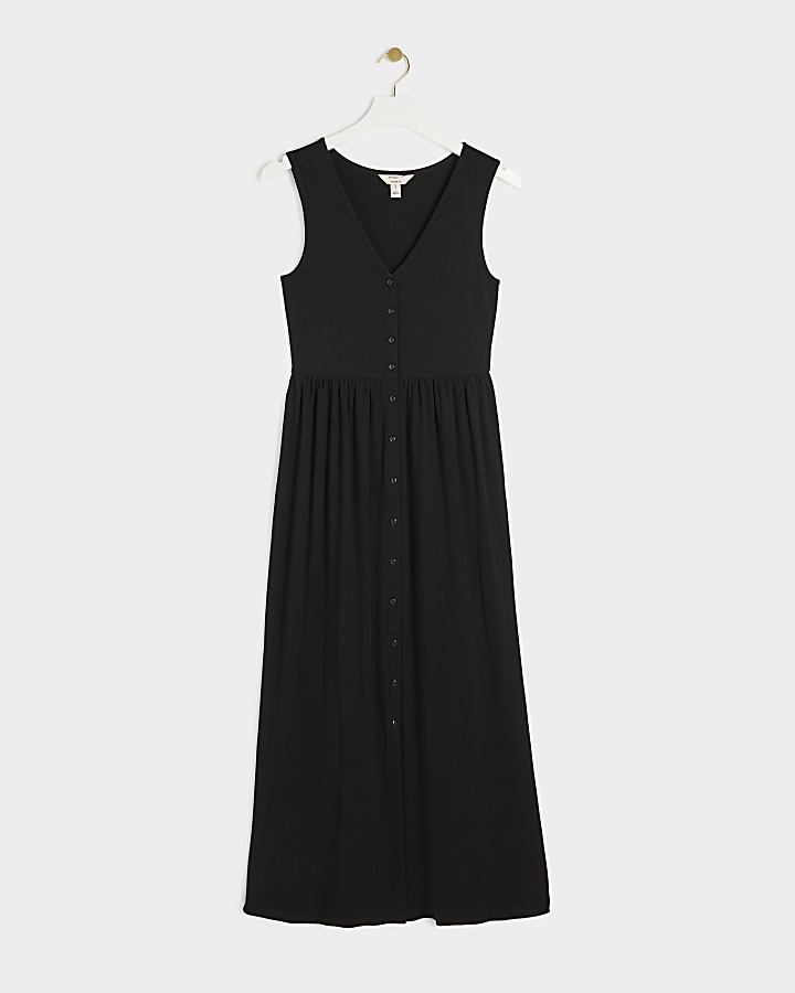 Black Ribbed Button Up Skater Midi Dress River Island
