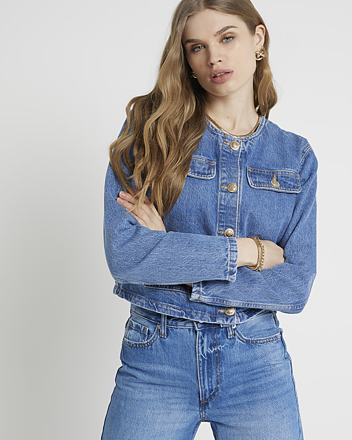 Blue denim crop trophy jacket | River Island