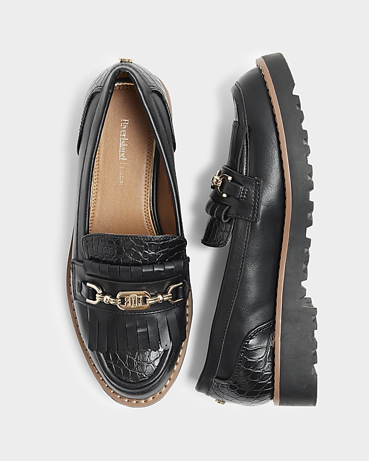 Black wide fit croc embossed fringe loafers | River Island
