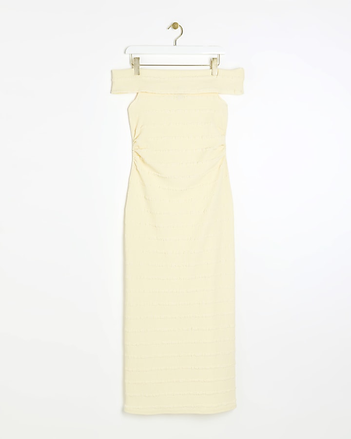 Yellow textured bardot bodycon maxi dress | River Island