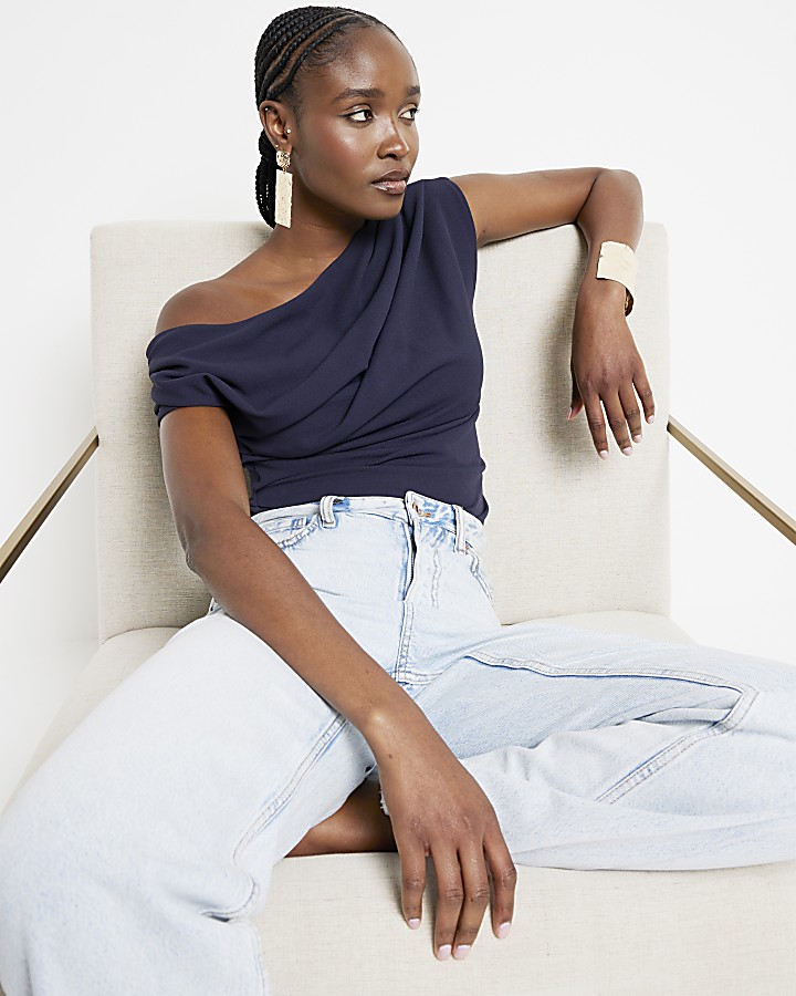 Navy Asymmetric Drape Top | River Island