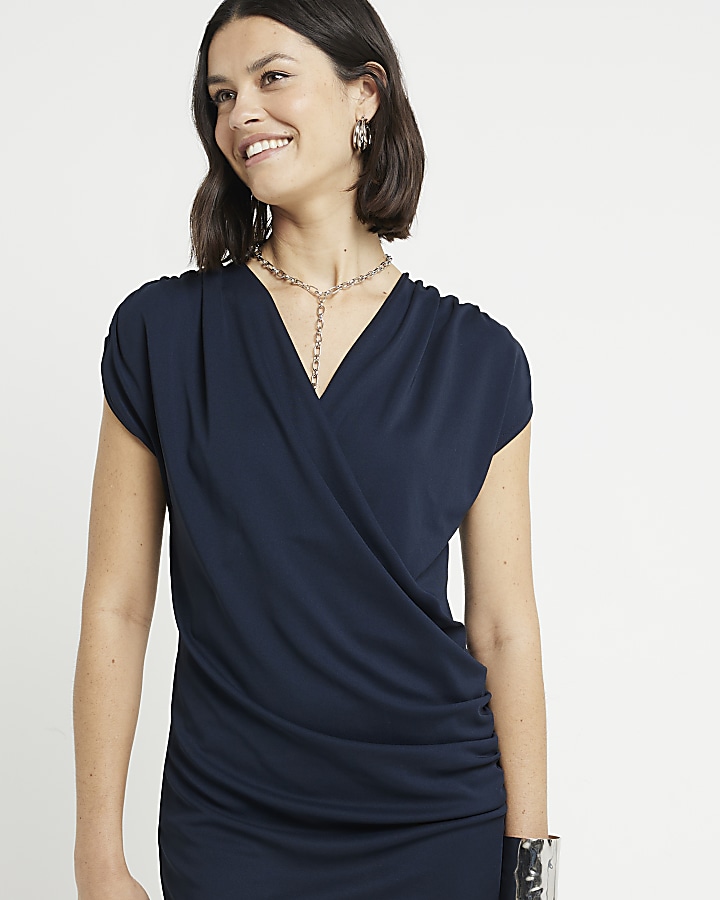 Navy drape wrap mini dress | River Island