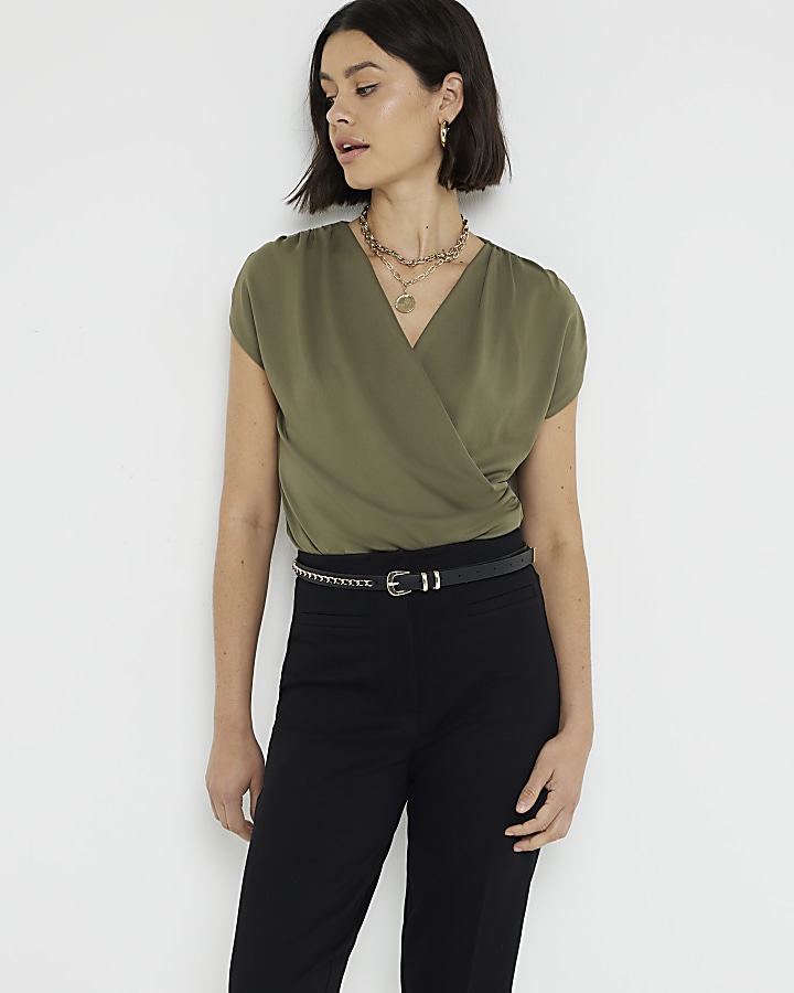 Khaki Drape Wrap Top | River Island