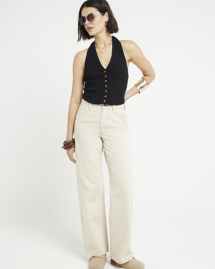 Black textured button halter neck top | River Island