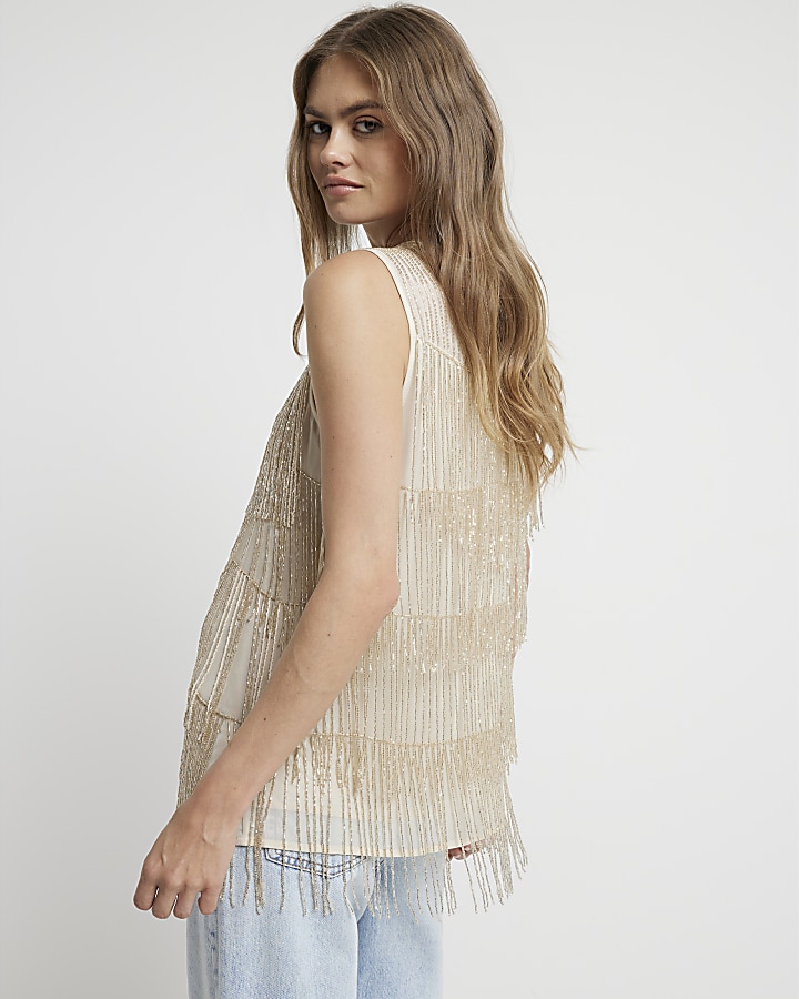 Gold beaded fringe top | River Island