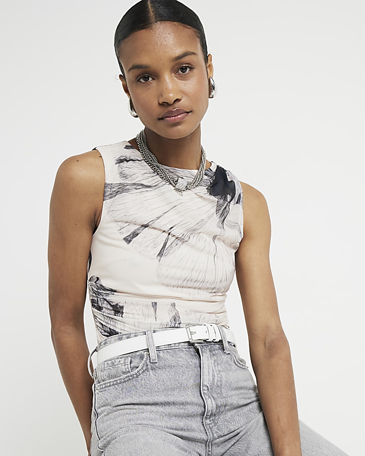 Cream floral drape sleeveless top | River Island