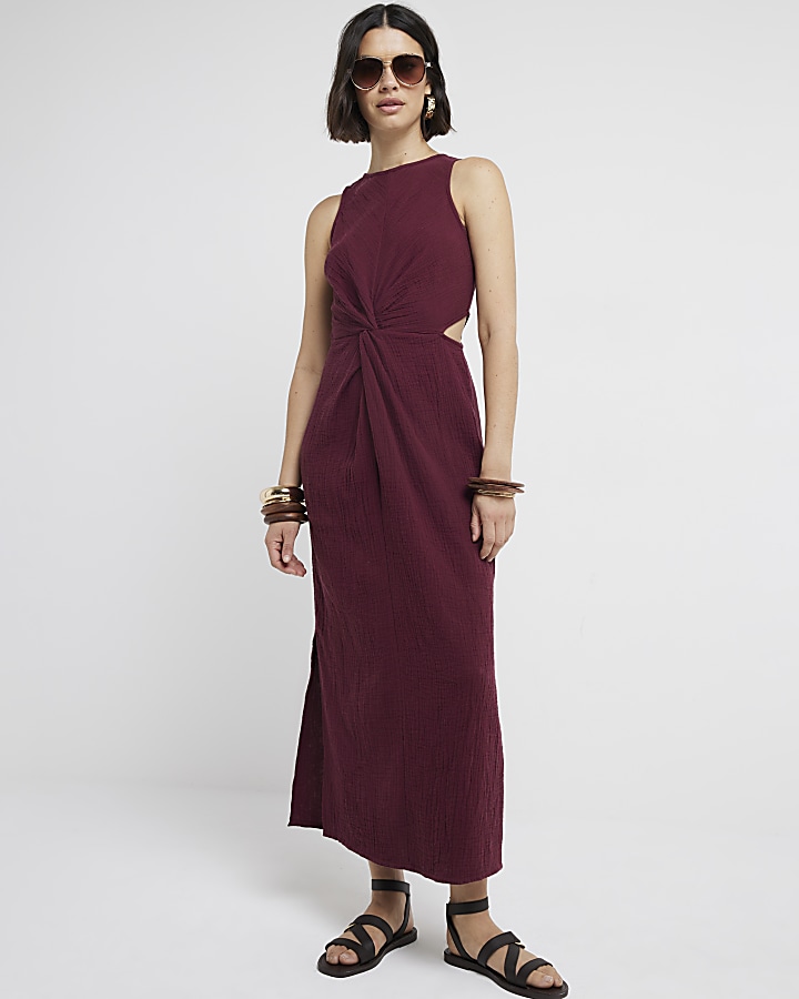 Red textured cut out smock midi dress | River Island