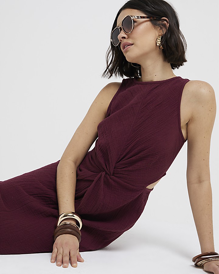 Red textured cut out smock midi dress | River Island