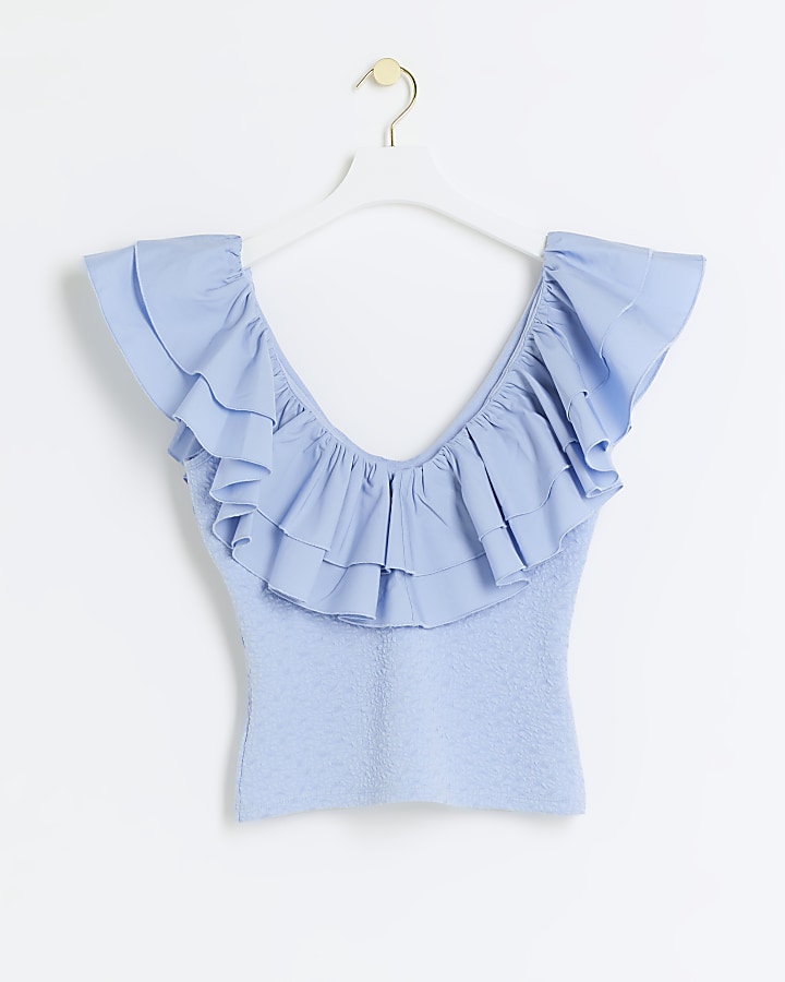 Blue Textured Frill Top | River Island