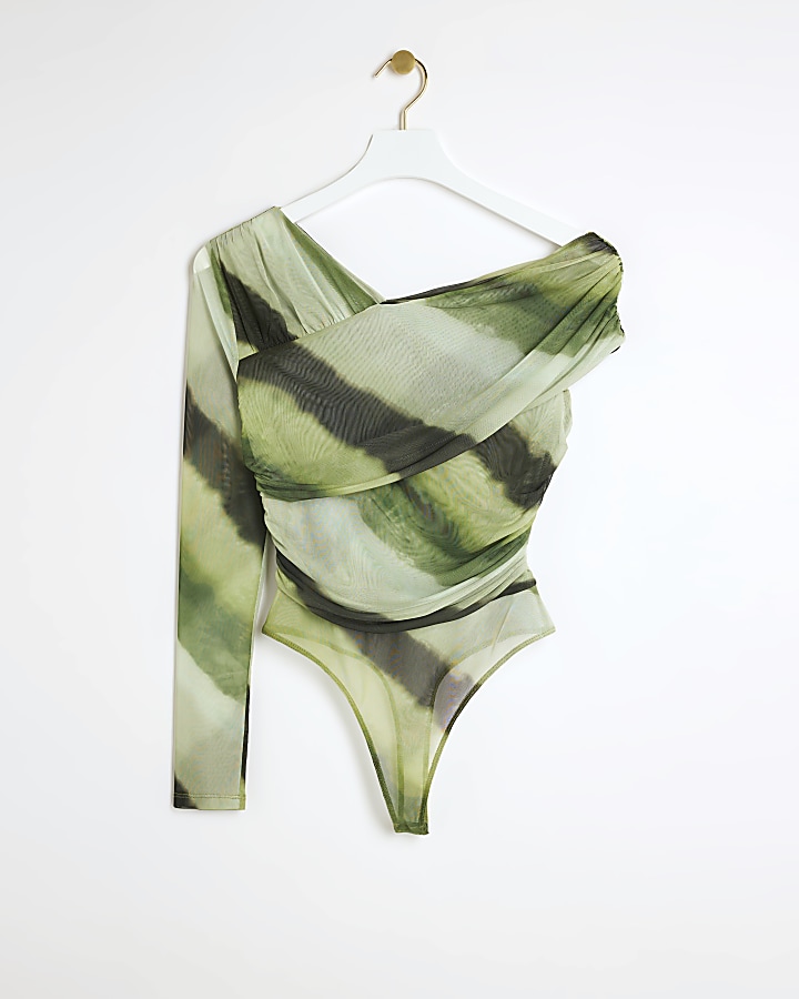 Green mesh asymmetric bodysuit | River Island