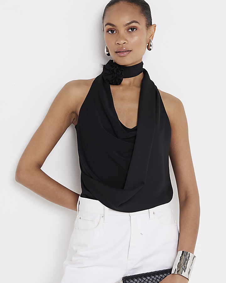 Black wrap drape top | River Island