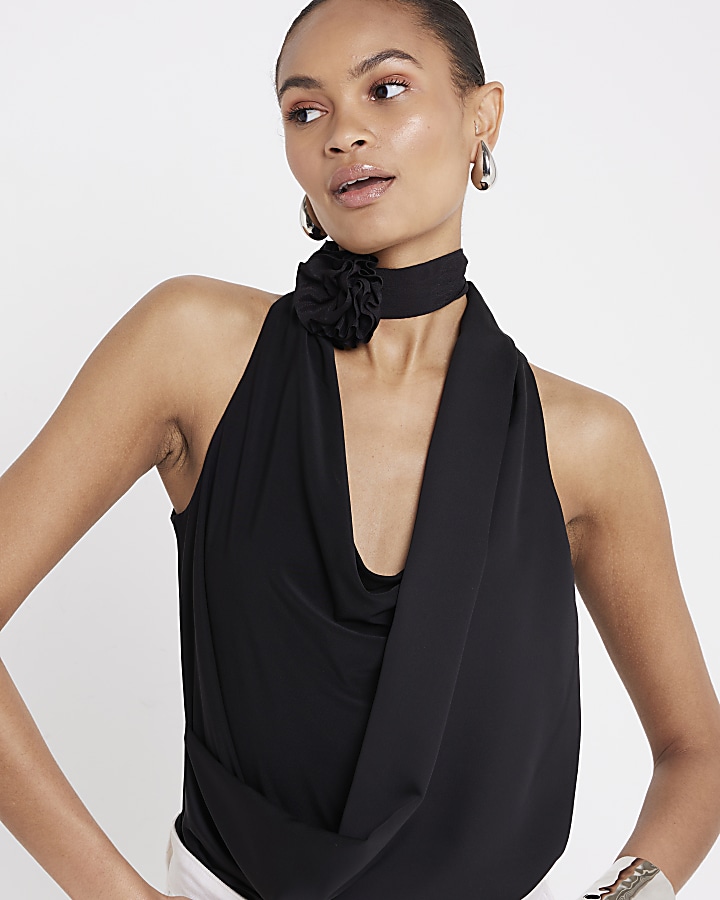 Black wrap drape top | River Island