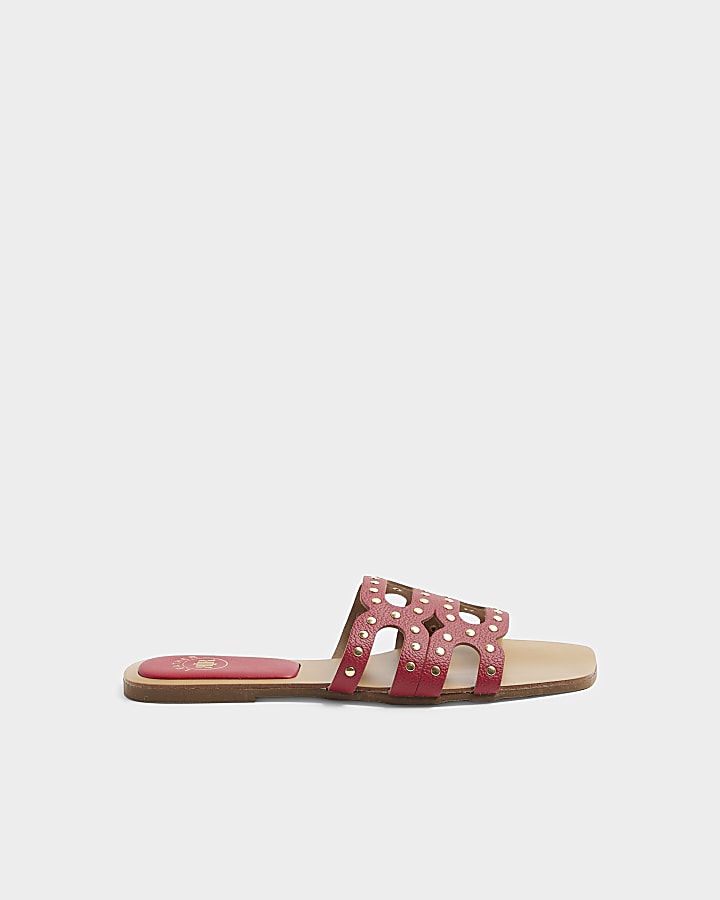 Red leather studded mule flat sandals | River Island
