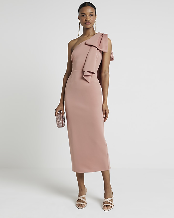 Pink one shoulder bow bodycon midi dress | River Island