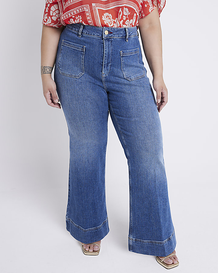 Plus blue high waisted flared jeans | River Island