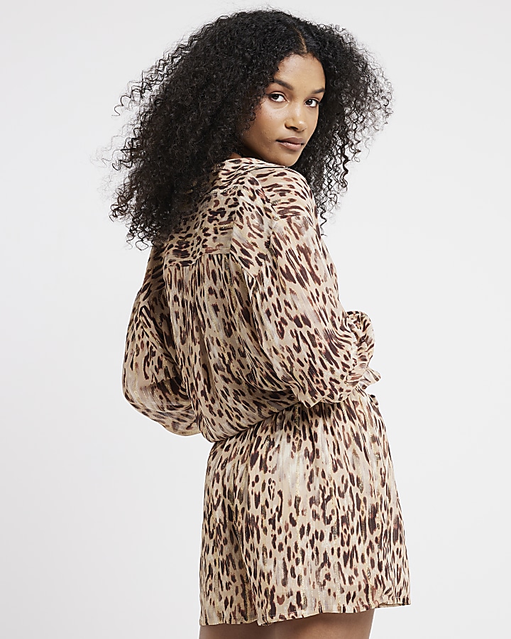 Brown leopard print glitter shorts | River Island