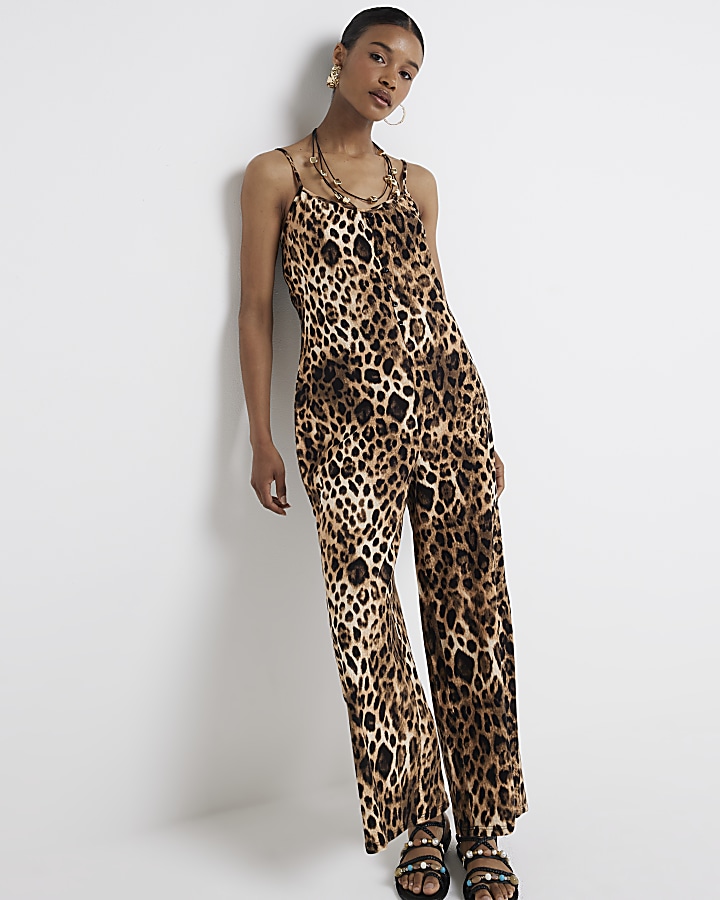 Brown leopard print sleeveless jumpsuit | River Island