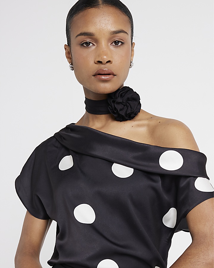 Black Spot print one Shoulder Top | River Island