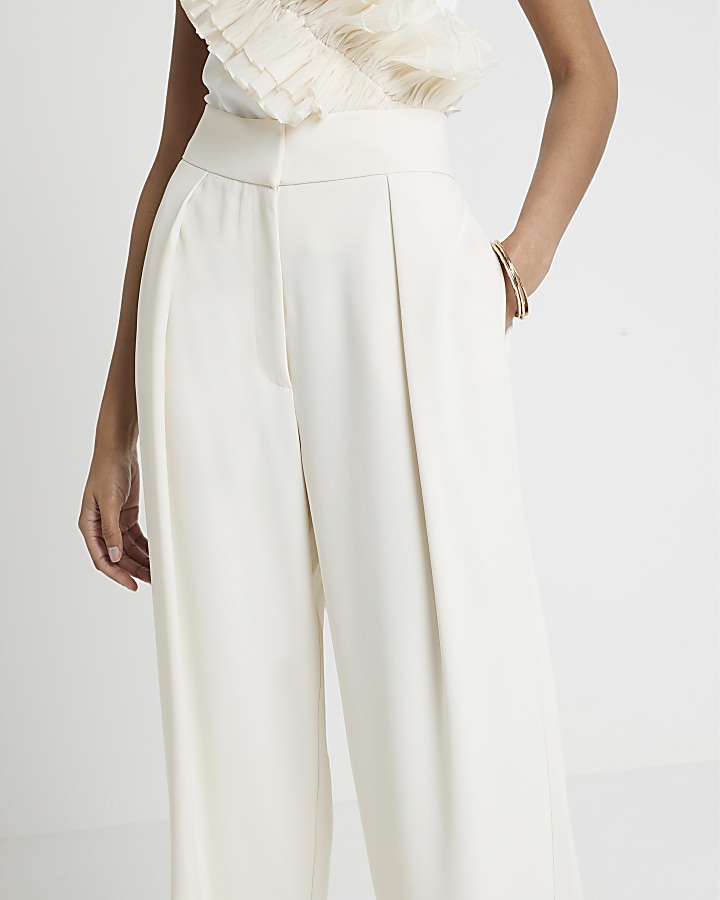 Cream Pleated Wide Leg Trousers River Island