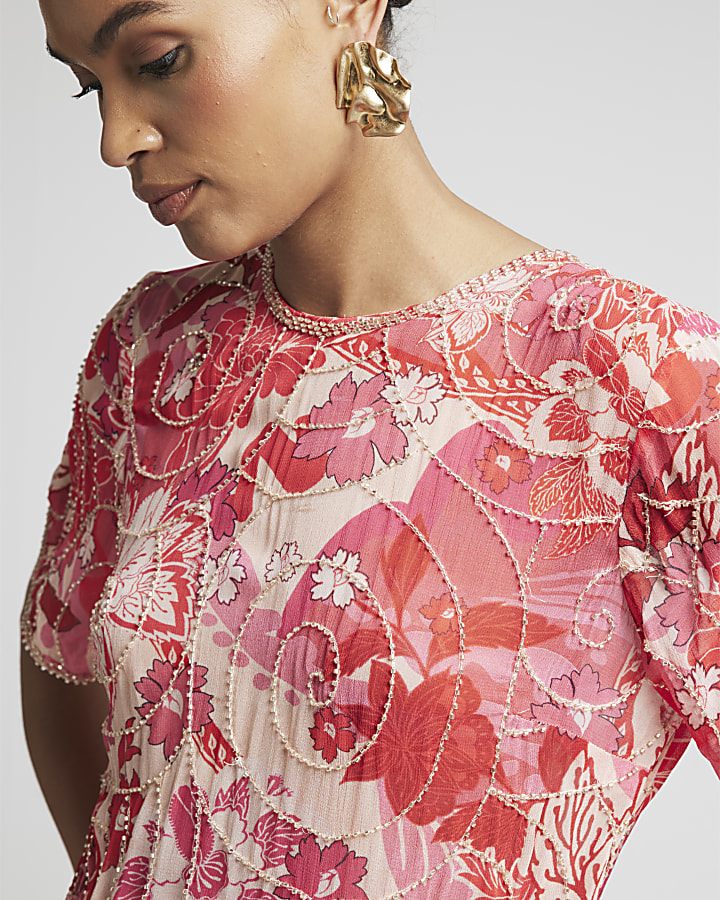Red embellished floral t-shirt | River Island