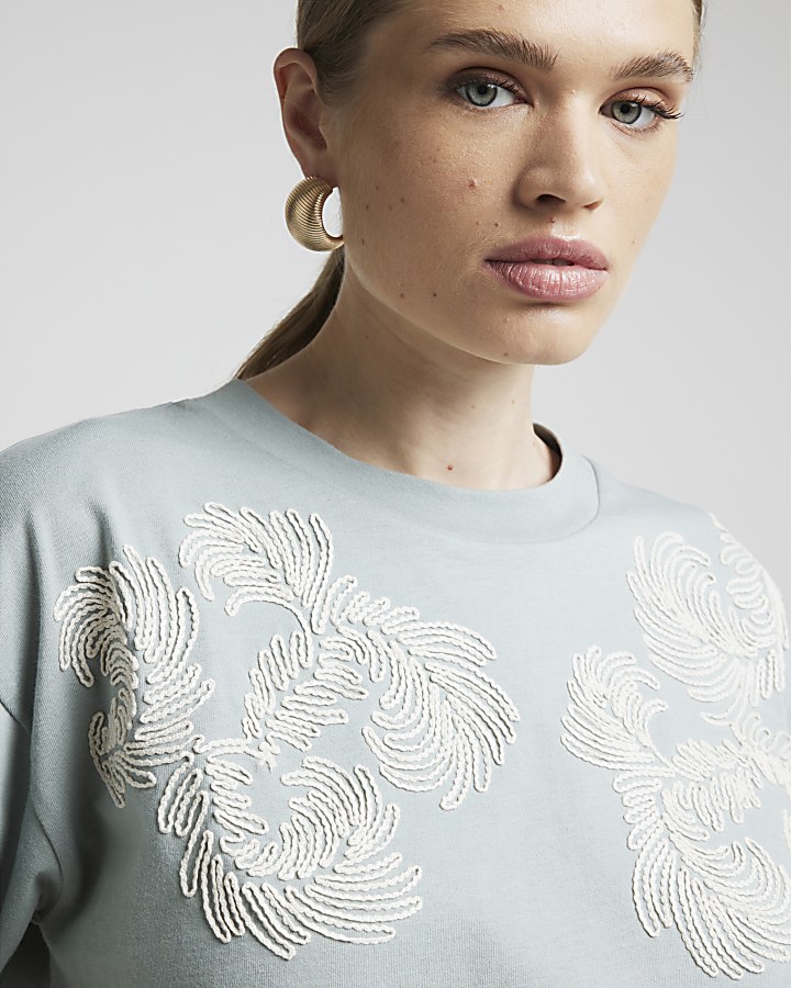 Blue embroidery detail boxy t-shirt | River Island