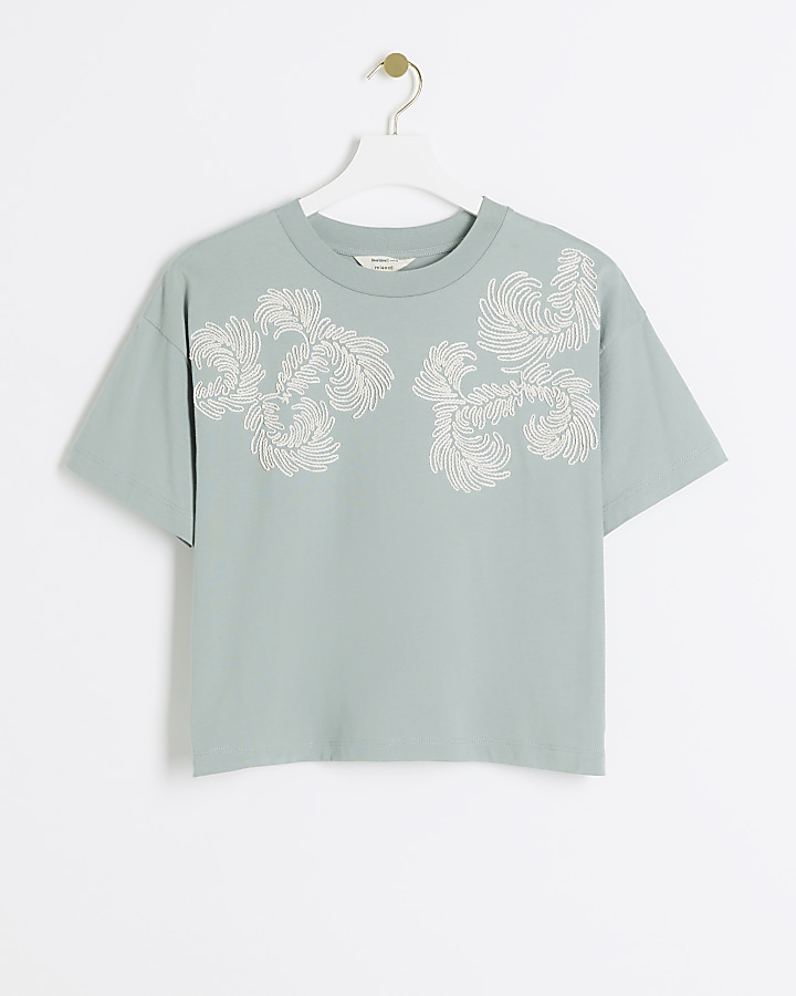 Blue embroidery detail boxy t-shirt | River Island