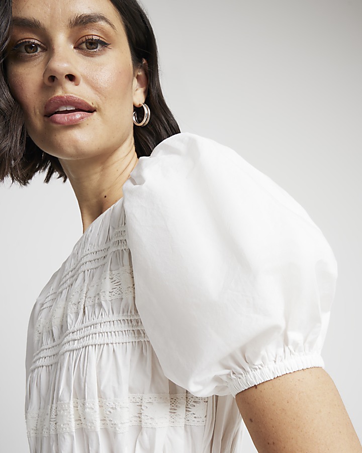 White ruched puff sleeve blouse | River Island