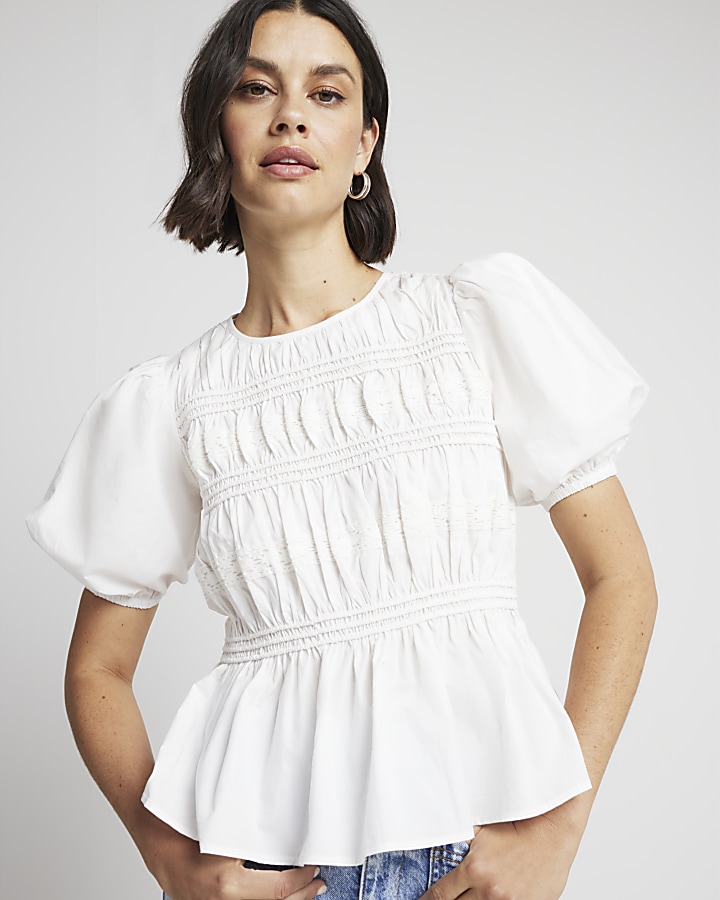 White ruched puff sleeve blouse | River Island