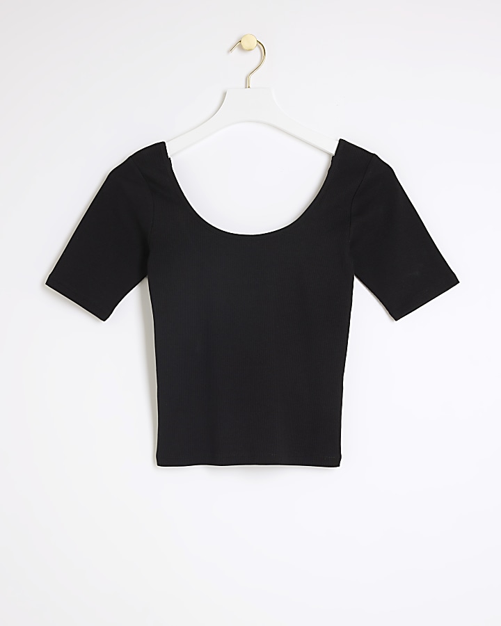 Black Ribbed Scoop Neck T Shirt River Island