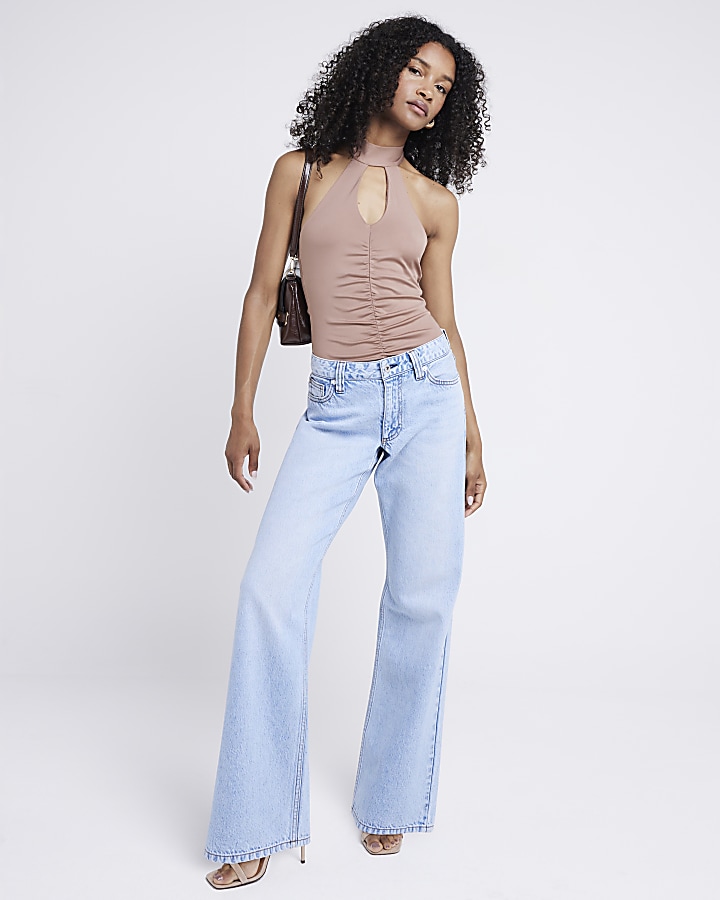 Brown ruched halter neck top | River Island