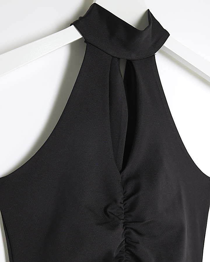 Black ruched halter neck top | River Island