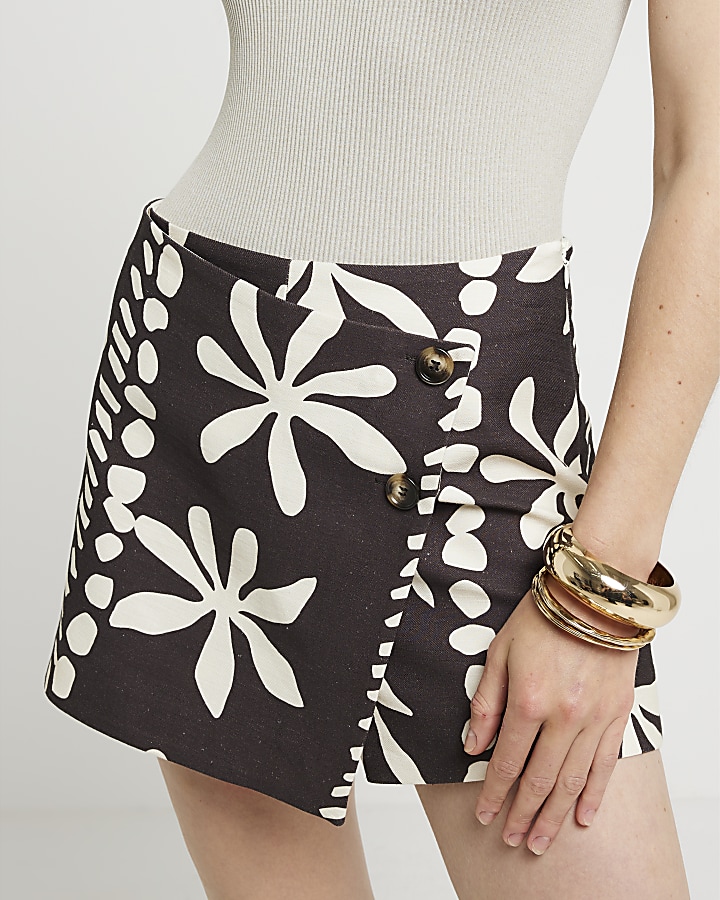 Brown floral wrap skort | River Island