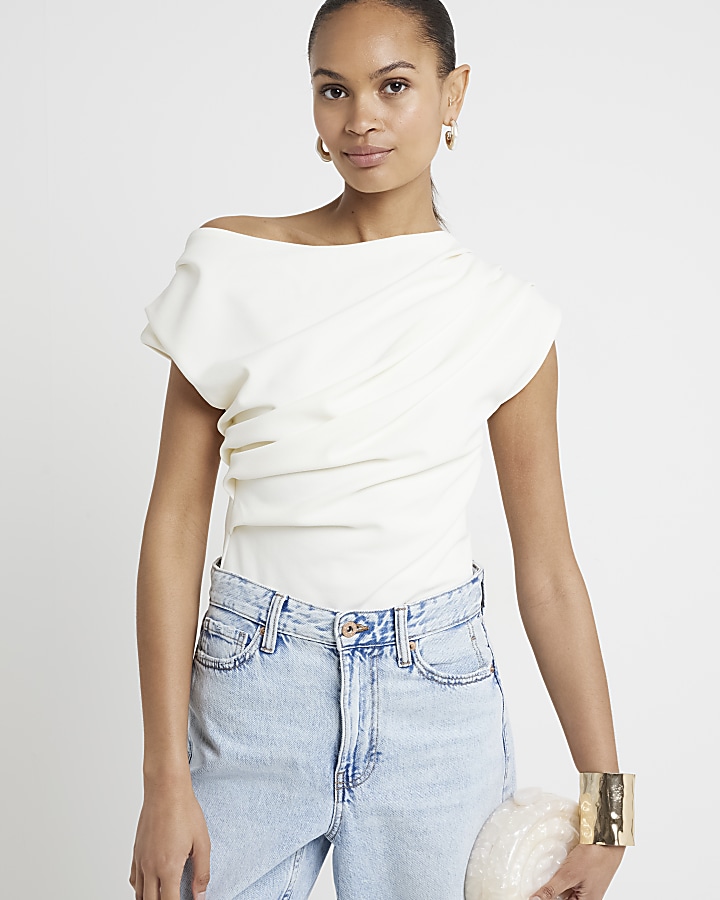 Cream off shoulder drape top | River Island