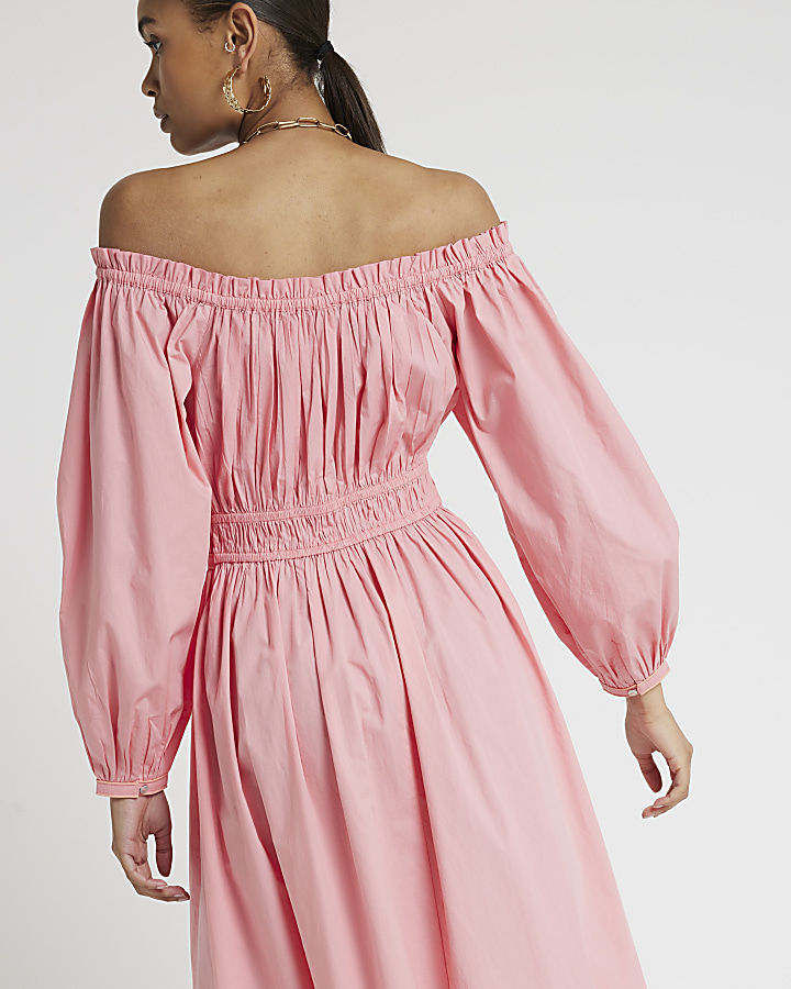 Pink Ruched Bardot Midi Dress River Island