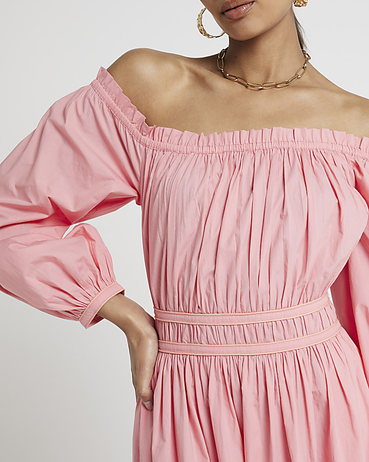 Pink Ruched Bardot Midi Dress River Island