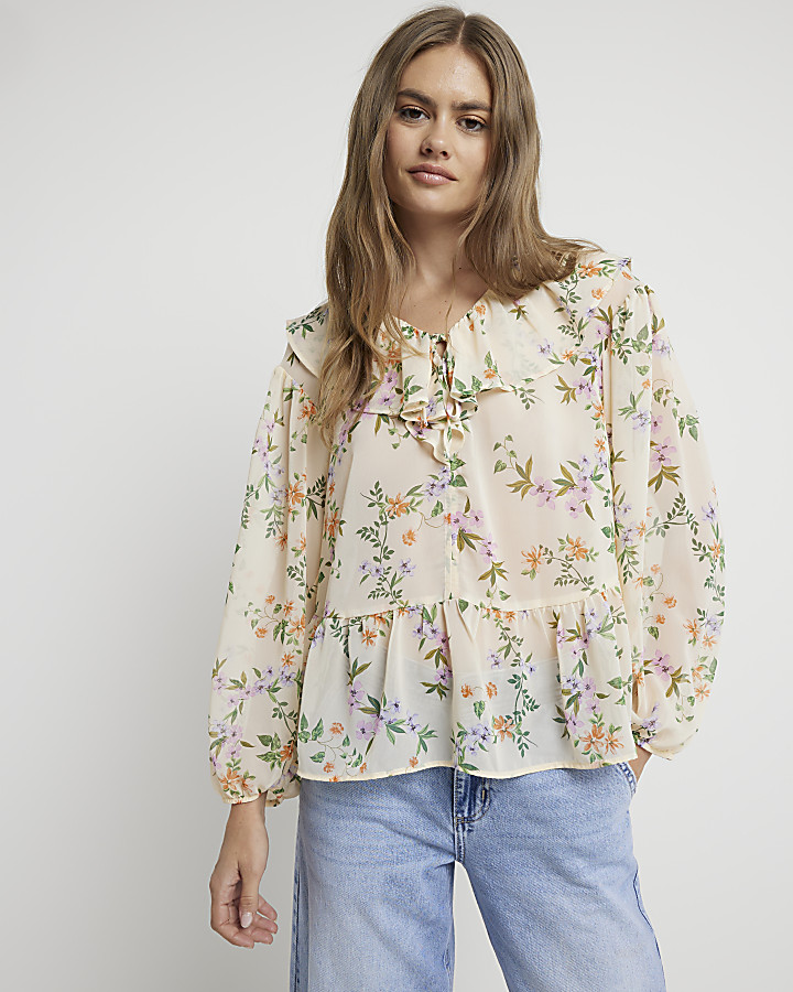 Cream floral frill tie front blouse | River Island
